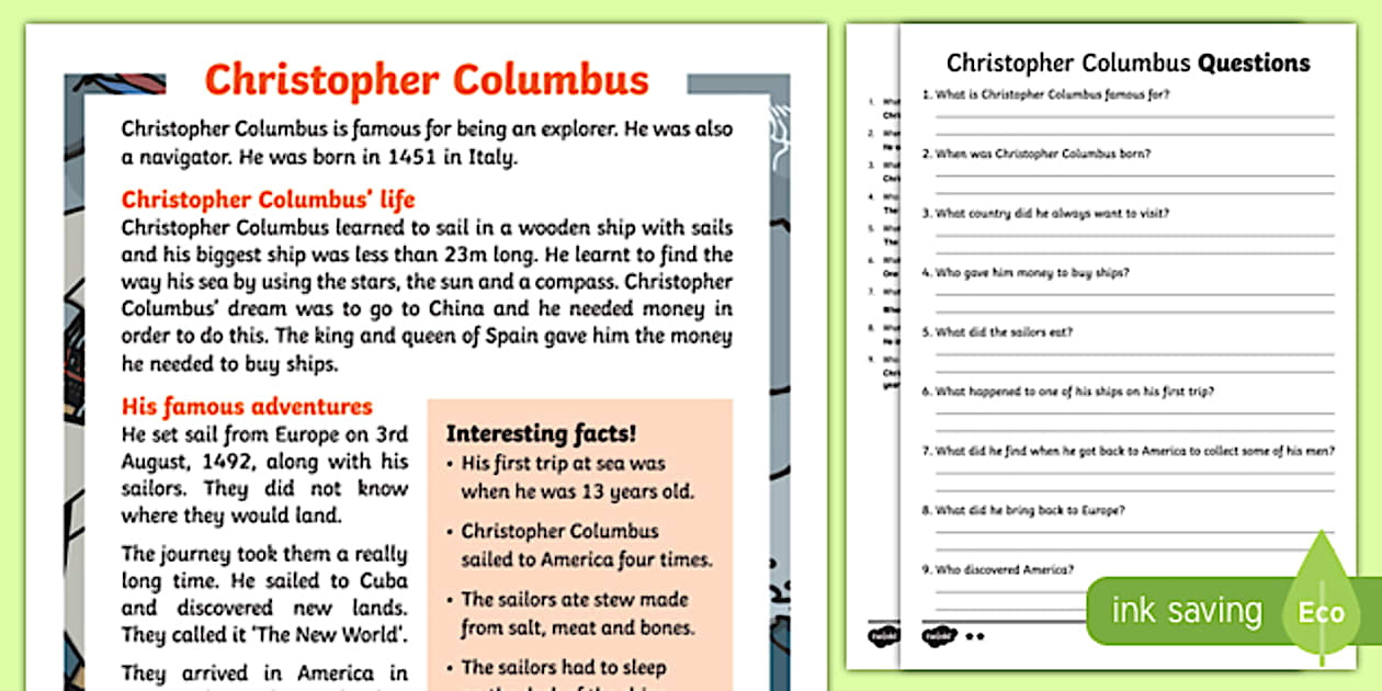 Christopher Columbus Reading Comprehension Activity - ESL Explorers ...