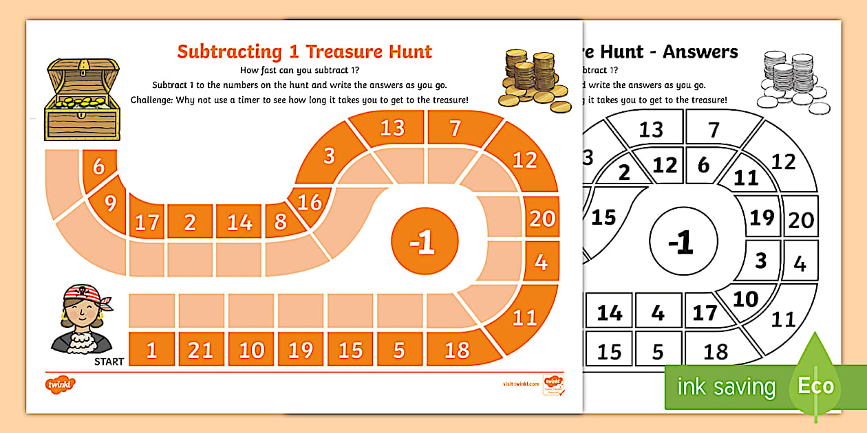 Subtracting 1 Treasure Hunt Worksheet / Worksheet - Twinkl