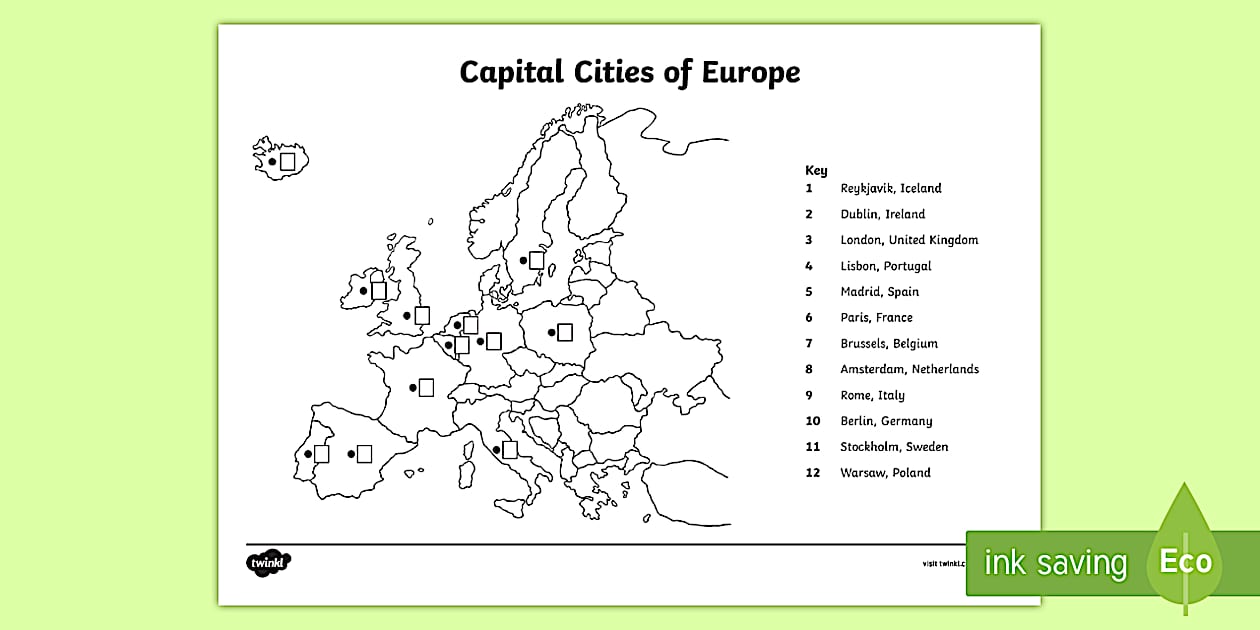 Locating Capital Cities of Europe Map Worksheet - Twinkl