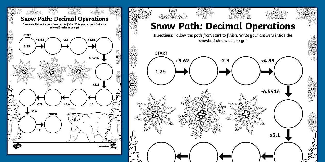 Seventh Grade Decimal Operations Snow Path Math Worksheet