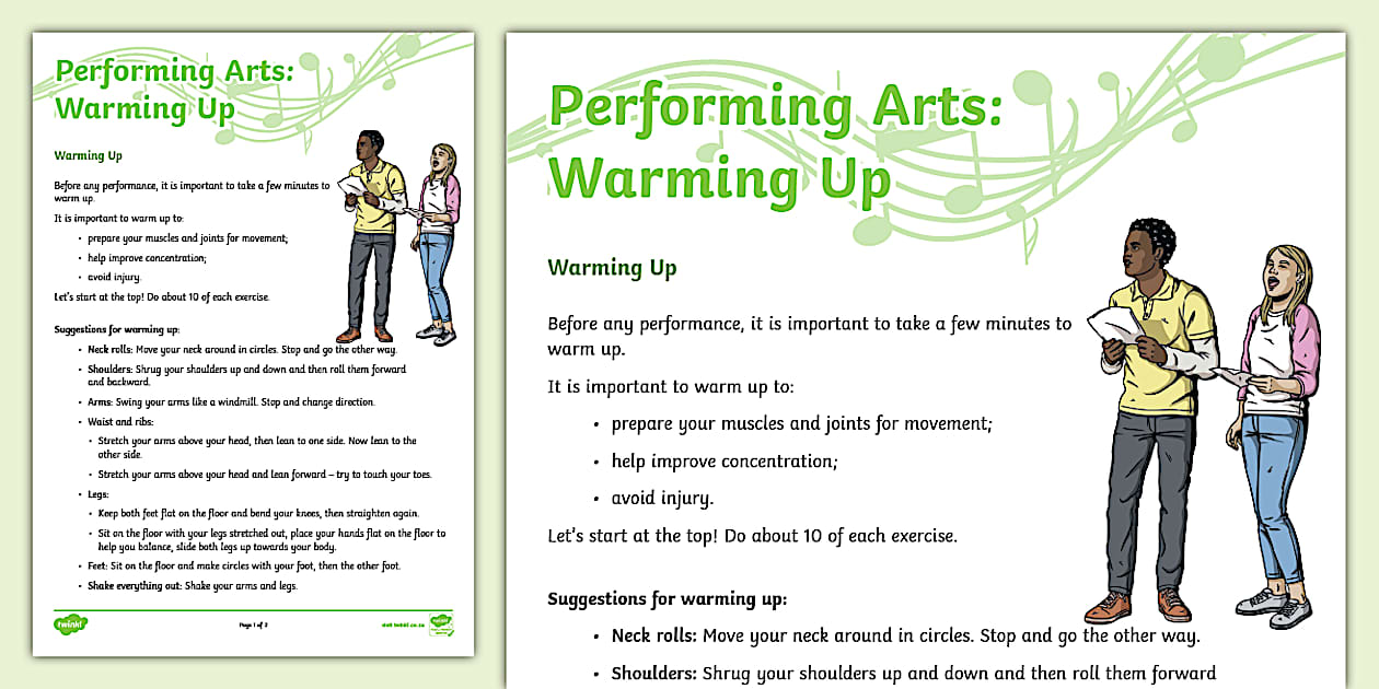 Performing Arts Warming Up Activity Sheet (teacher made)