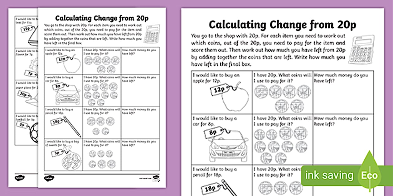 Calculating Change from 20p Worksheet (teacher made)