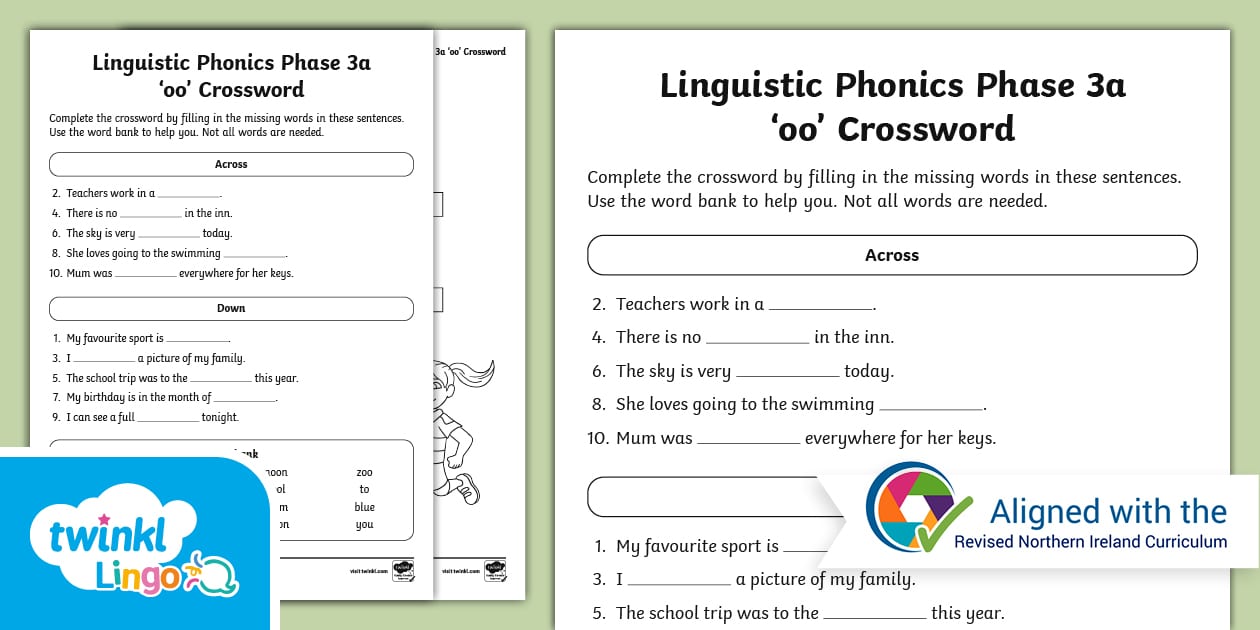 Linguistic Phonics Phase 3a 'oo' Crossword (teacher made)