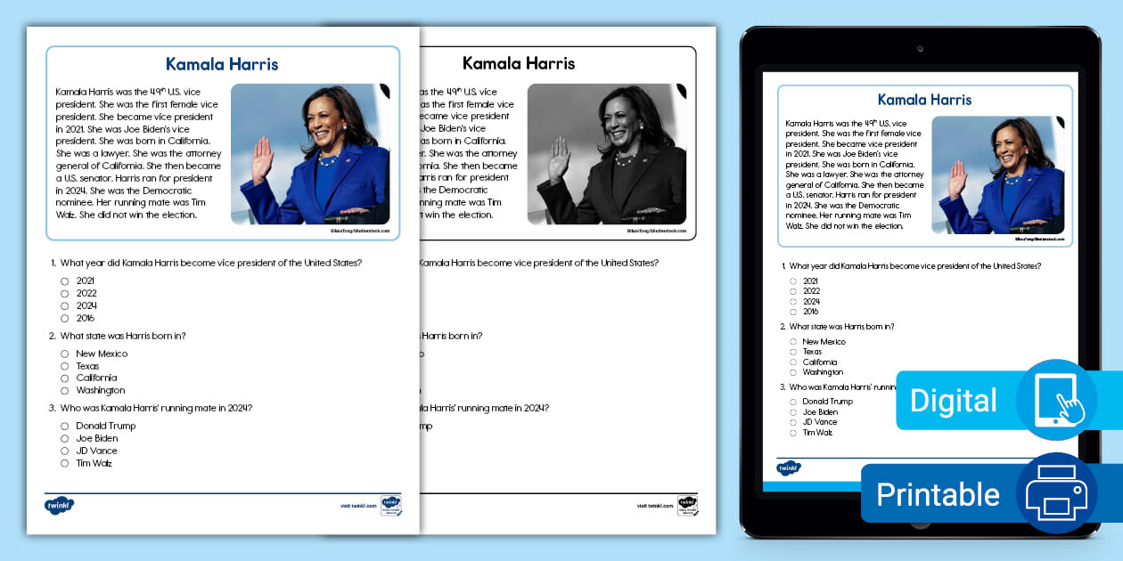 Kindergarten Kamala Harris Reading Passage Comprehension