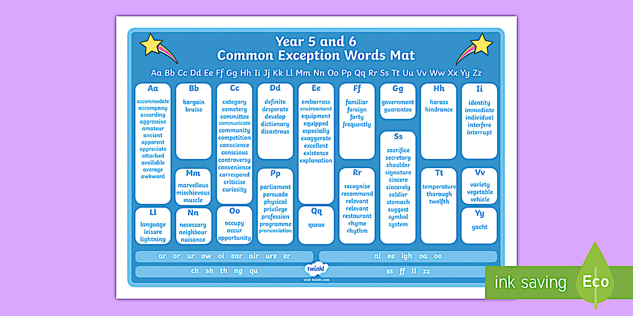 Cursive Common Exception Words Year 5 and 6 Alphabet Word Mat