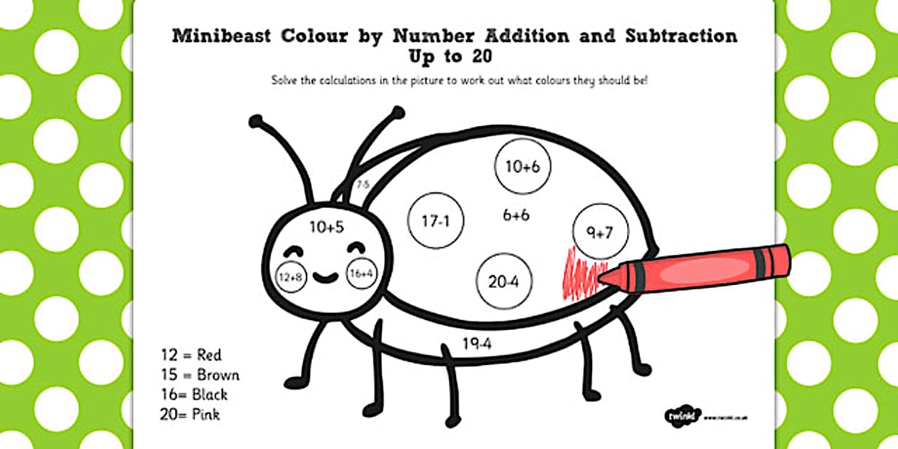 Minibeast Colour by Number Addition and Subtraction Up to 20