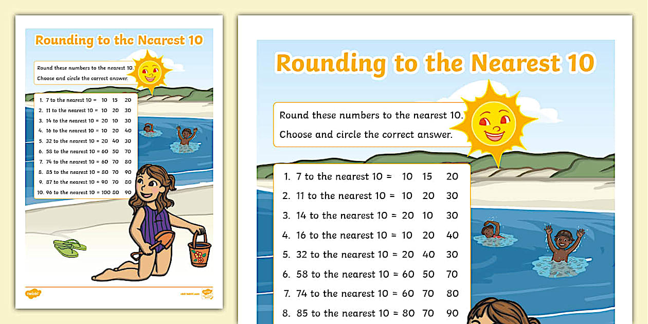 Rounding to the Nearest 10 Summer-Themed Activity Sheet