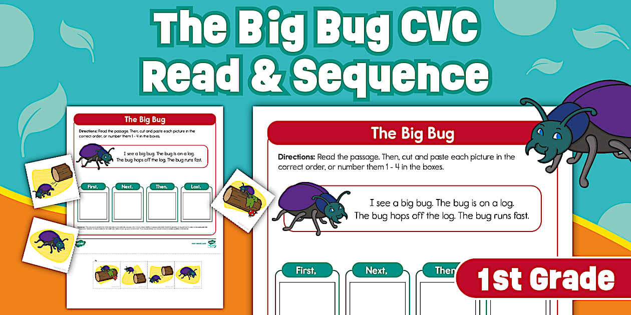 First Grade The Big Bug CVC Read and Sequence Activity