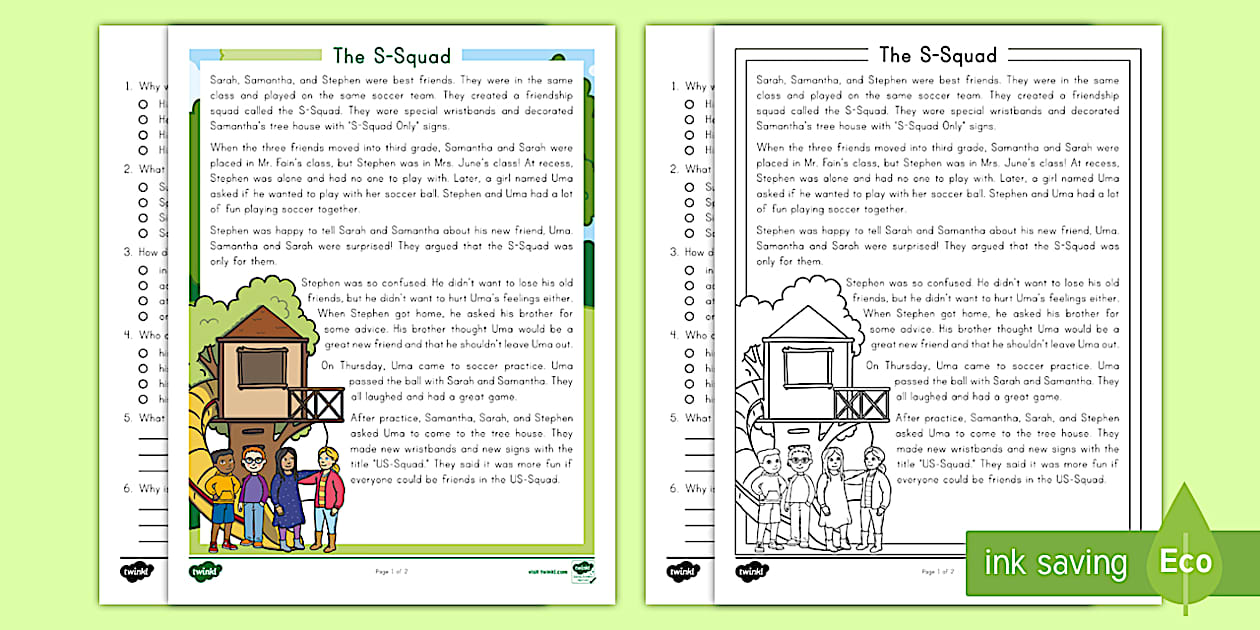 Second Grade The S-Squad Reading Comprehension Worksheet