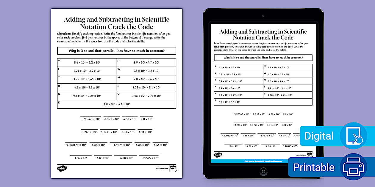 Eighth Grade Adding and Subtracting in Scientific Notation Crack the Code