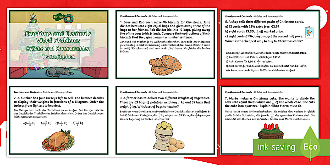 UKS2 Fractions and Decimals Word Problems Christmas Maths Challenge Cards