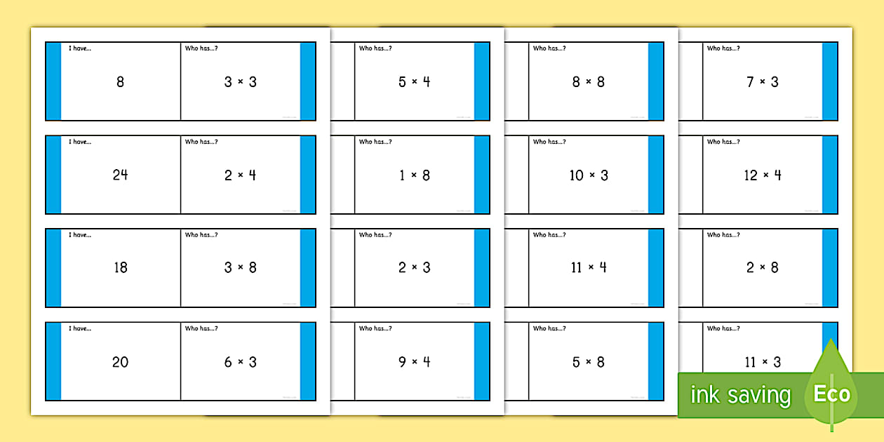 Mixed 3, 4, and 8 Times Tables I Have, Who Has Game - Twinkl
