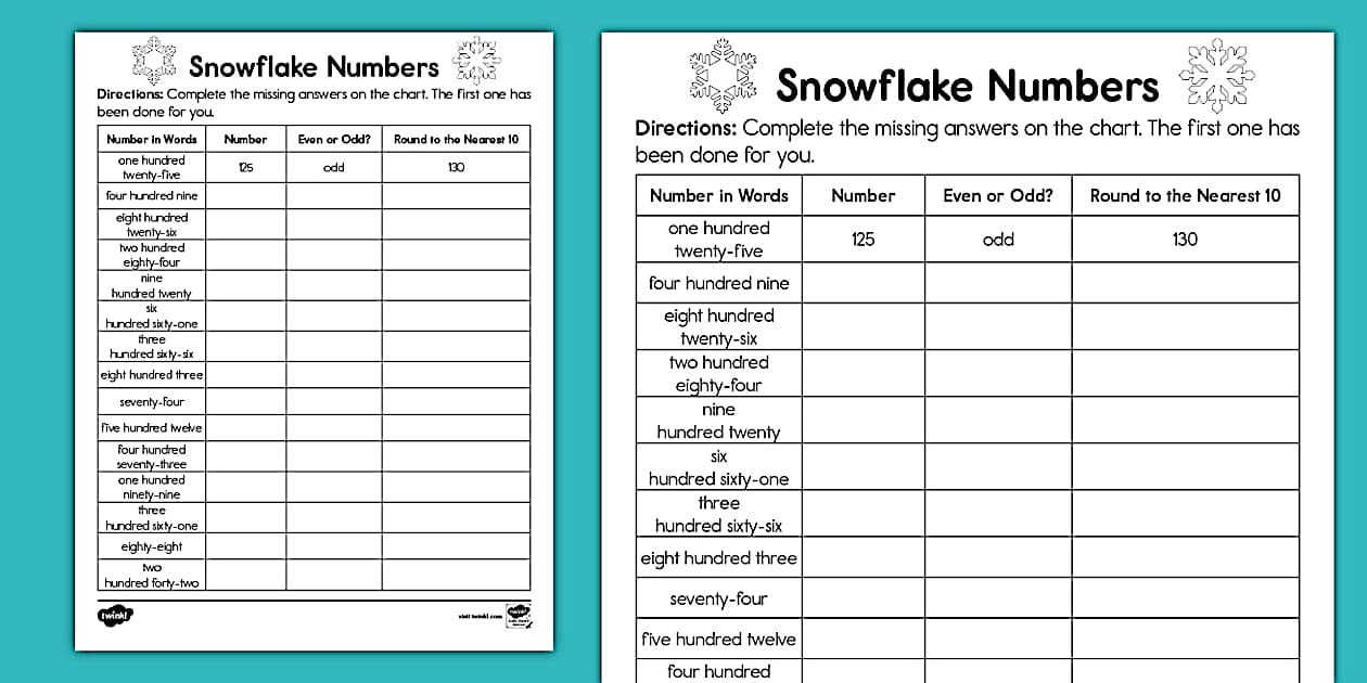 Second Grade Snowflake Numbers Worksheet (teacher made)