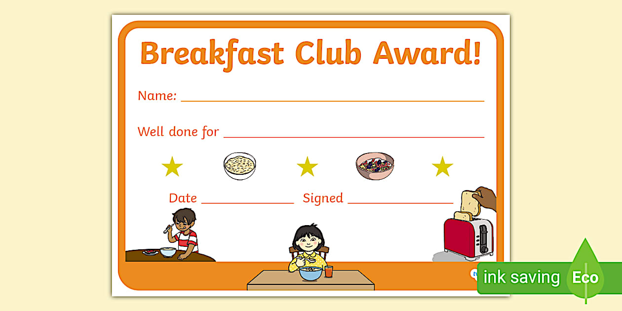 Breakfast Club Certificate (teacher made) - Twinkl