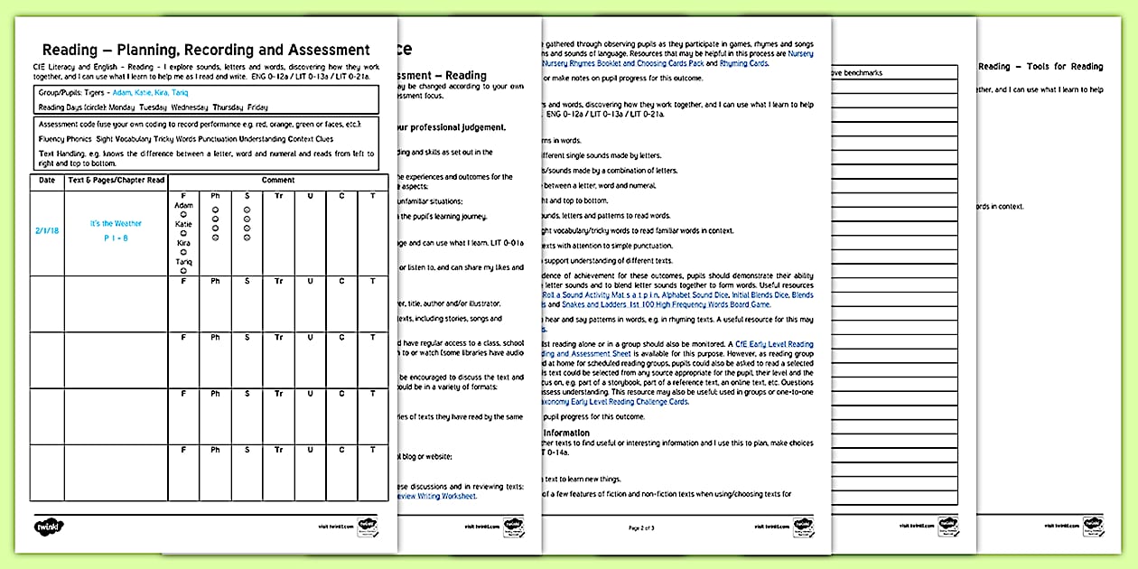 CfE Early Level Literacy and English Reading Assessment Pack