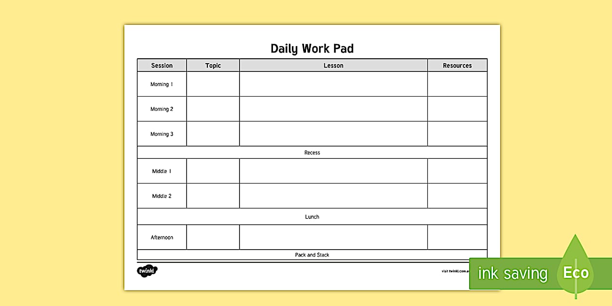 Blank Daily Work Pad Timetable