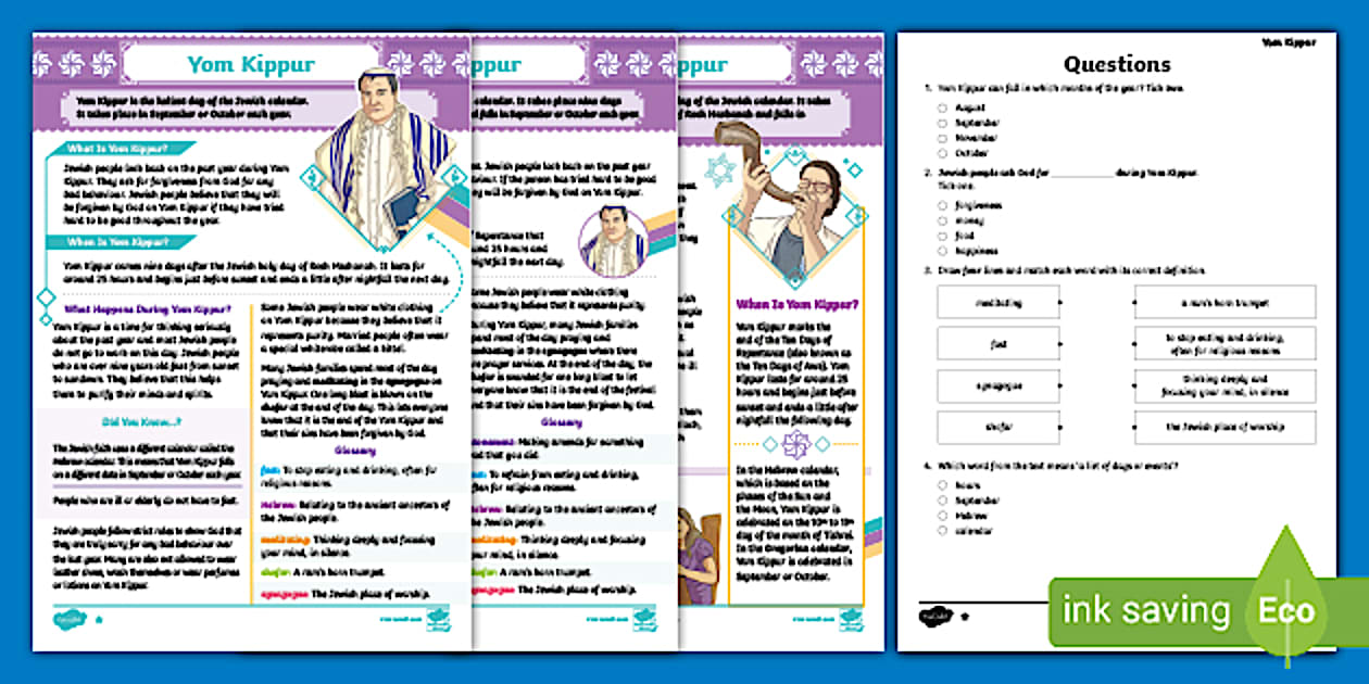 LKS2 Yom Kippur Reading Comprehension Activity - Twinkl