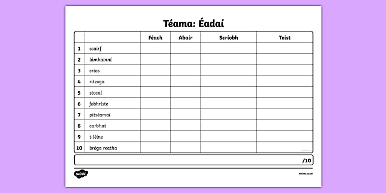 Spelling List Éadaí 2 Irish Worksheet / Worksheet - Twinkl