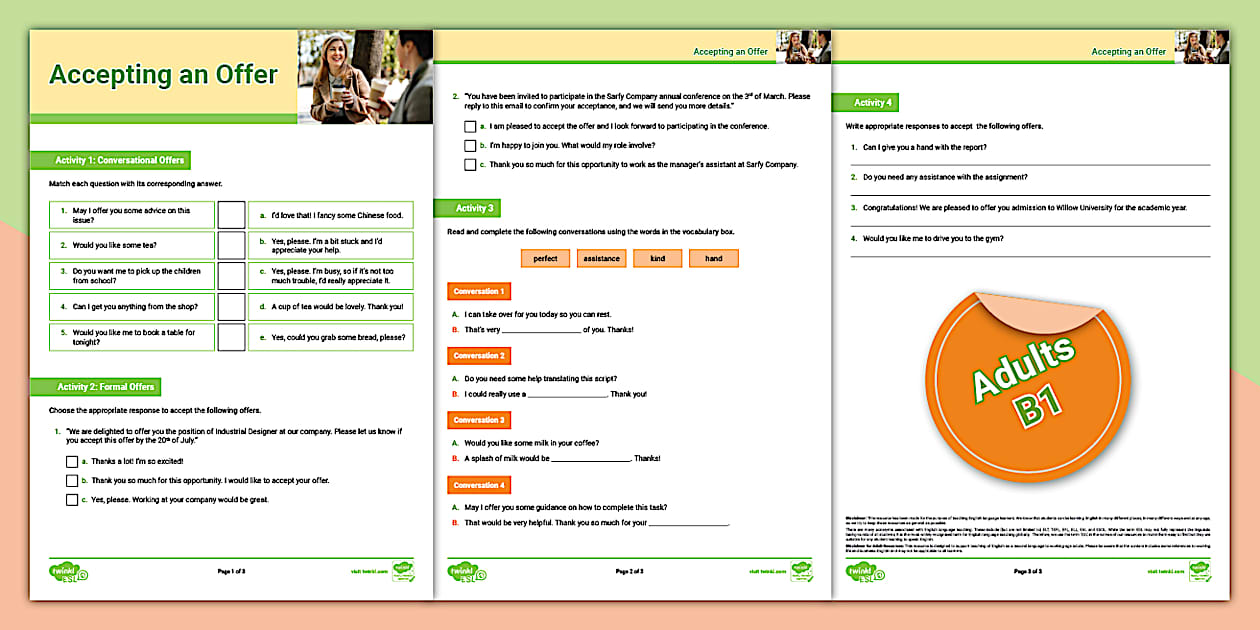 ESL Accepting an Offer Activity Sheet [Adults, B1] - Twinkl