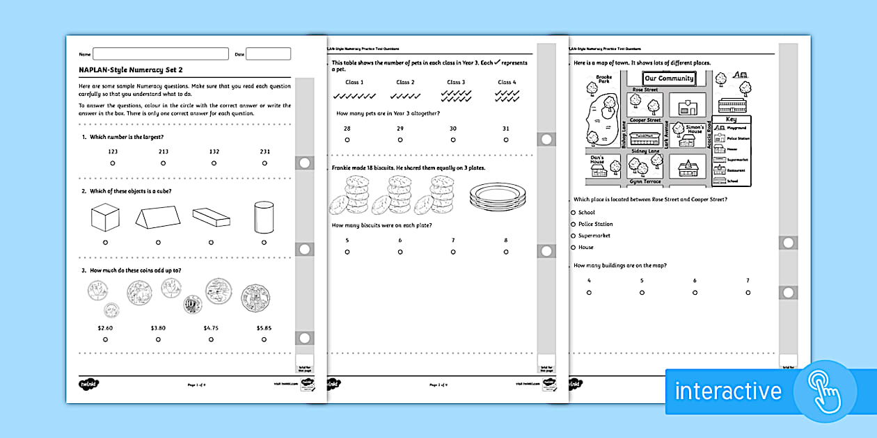 Year 3 NAPLAN-Style Interactive PDF Numeracy Example Tests - Set 2