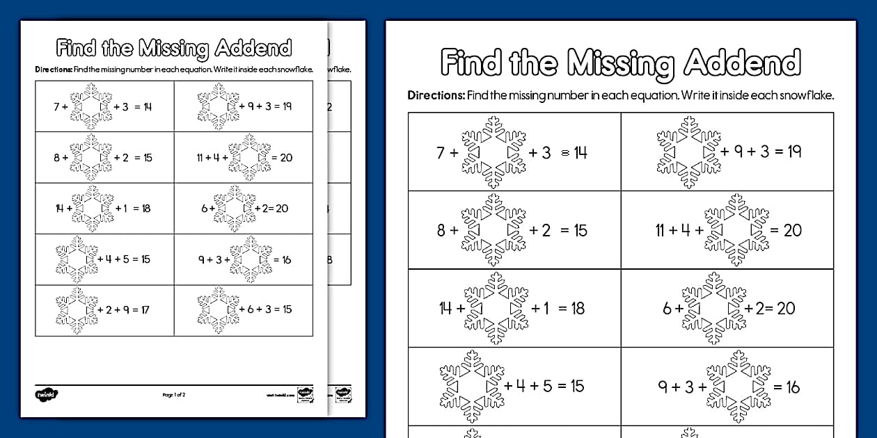 First Grade Winter Three-Digit Find the Missing Addend to 20