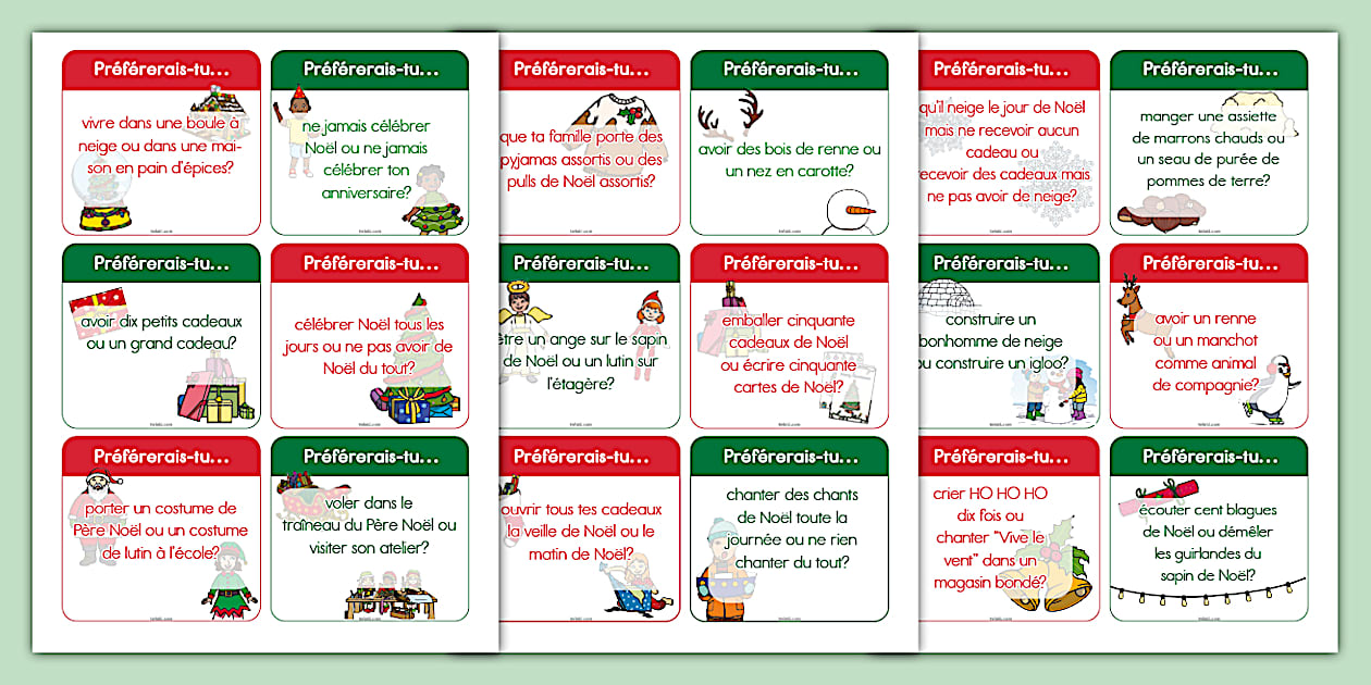 Cartes de jeu "Préférerais-tu?" sur le thème de Noël