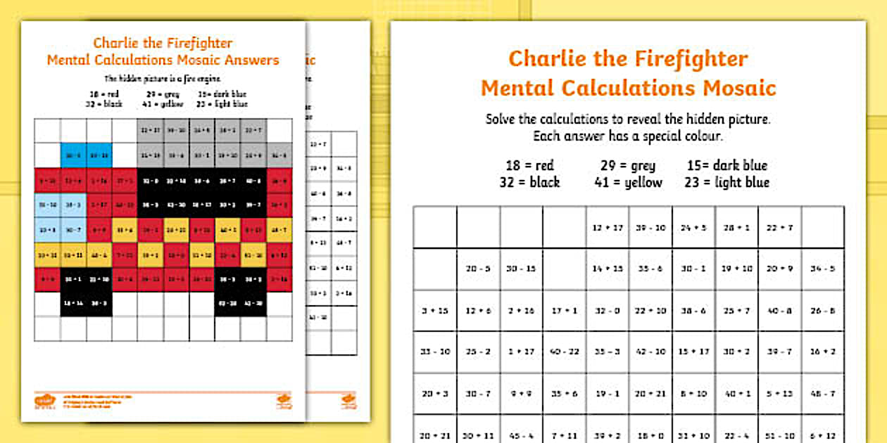 KS1 Charlie the Firefighter Mental Calculation Maths Mosaic Worksheet