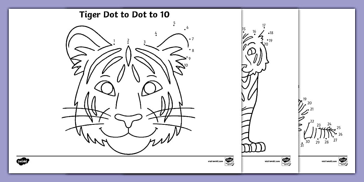 Tiger Dot to Dots to 10, 20 and 50 - Twinkl - KS1 - Twinkl