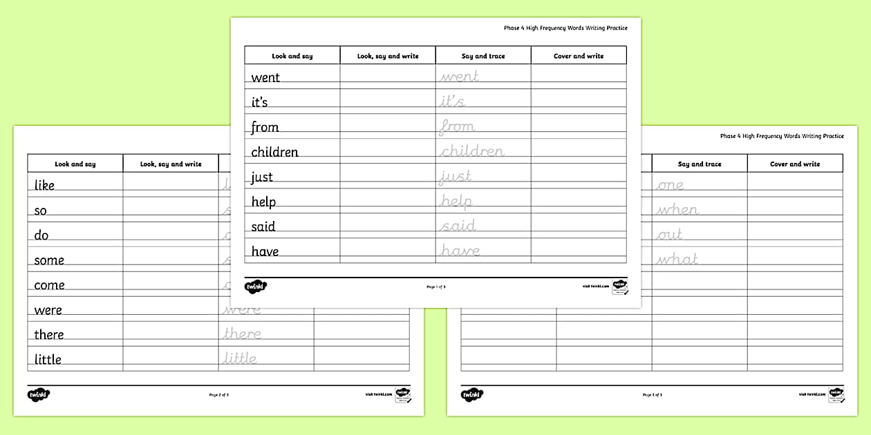 SA Phase 4 High Frequency Words Writing Practice Worksheets