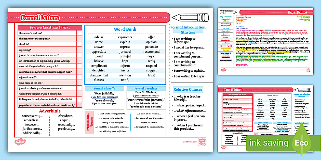 Editable UKS2 Writing: Formal Letters Knowledge Organiser