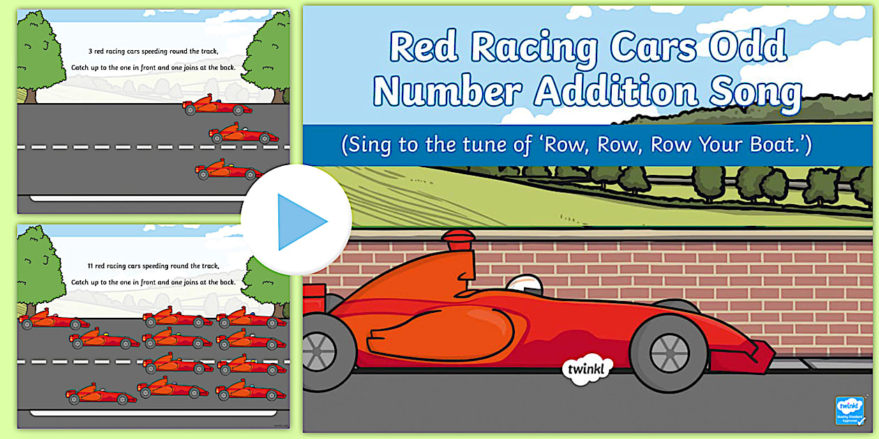 Red Racing Cars Odd Number Addition Song PowerPoint - Twinkl