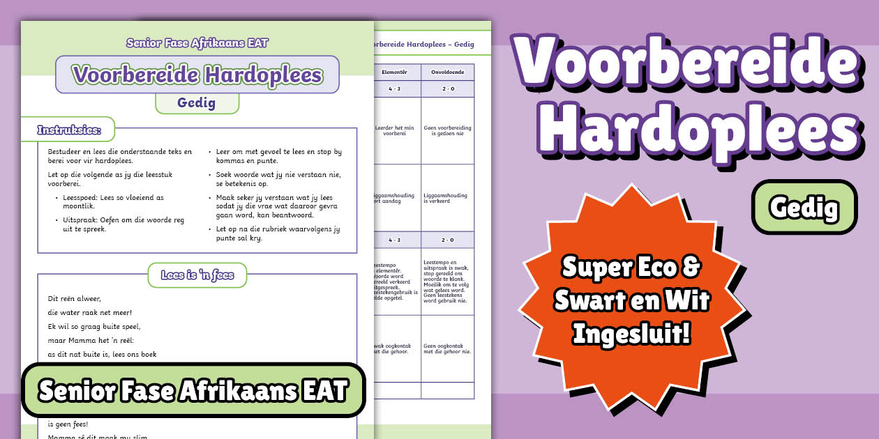 Senior Fase Afrikaans EAT Voorbereide Hardoplees – Gedig