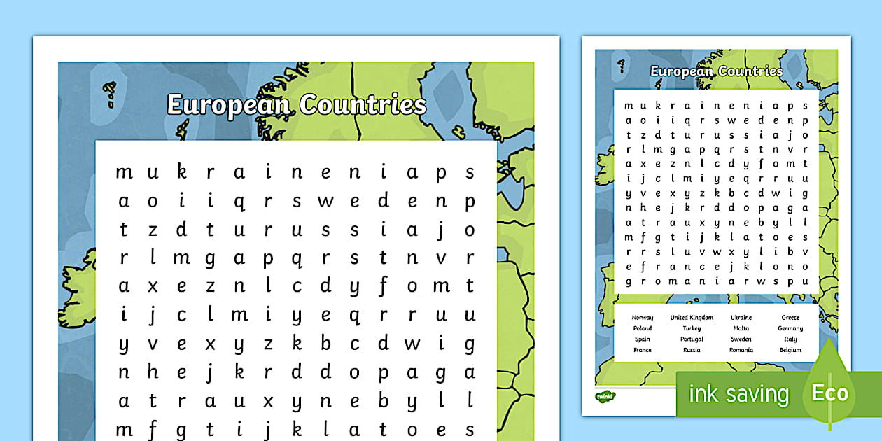European countries word search- easy to print. - Twinkl