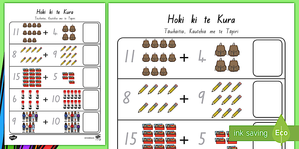 Back to School Trace, Count and Add to 20 Worksheet Te Reo Māori