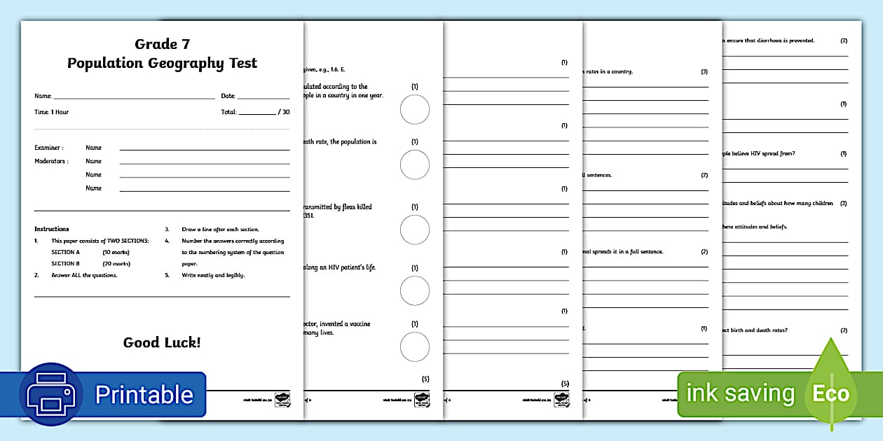 Population Geography Grade 7 Social Science Test - Twinkl