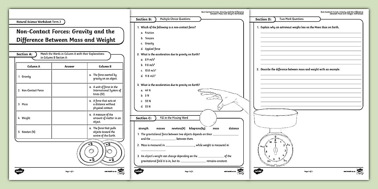 Gravity, Non-Contact Forces, Mass and Weight Worksheet