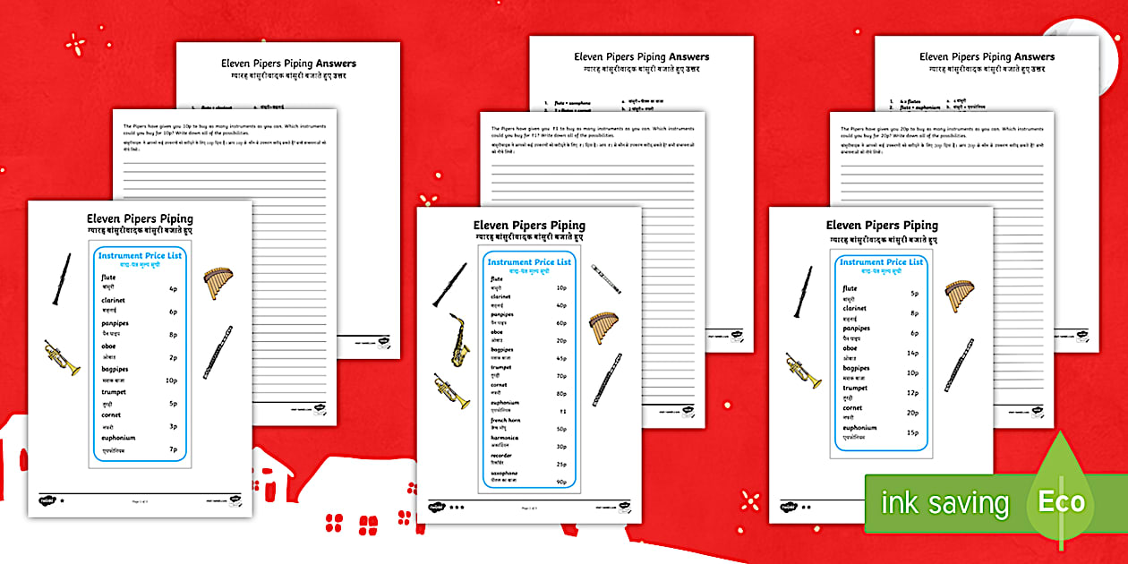 Higher Ability Eleven Pipers Piping Worksheet English/Hindi