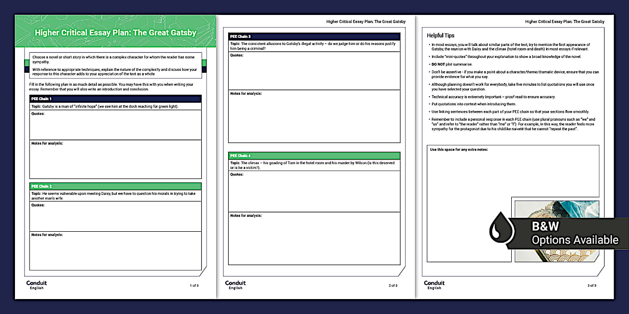 The Great Gatsby Essay Planning Sheet: Sympathy - Twinkl