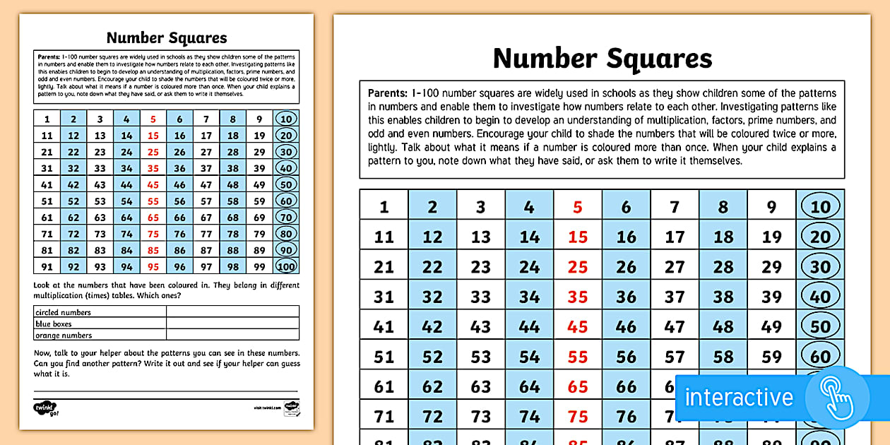 Maths Number Square Patterns Homework Worksheet - Twinkl