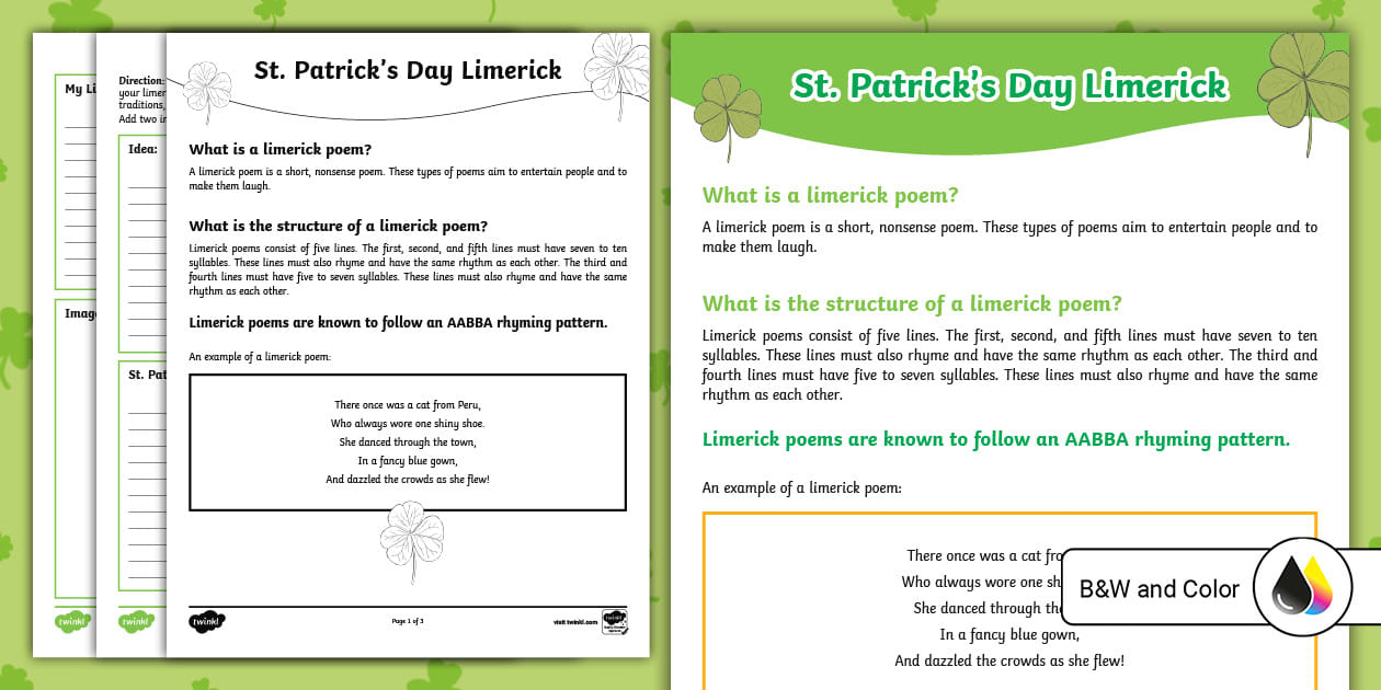 St. Patrick's Day Limerick Writing Worksheet for 6th-8th Gr