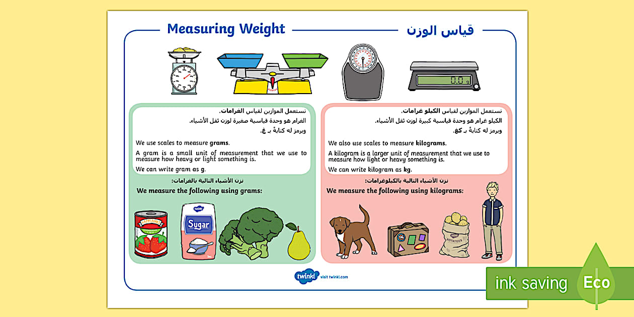 KS1 Maths Measuring Weight A4 Display Poster Arabic Translation