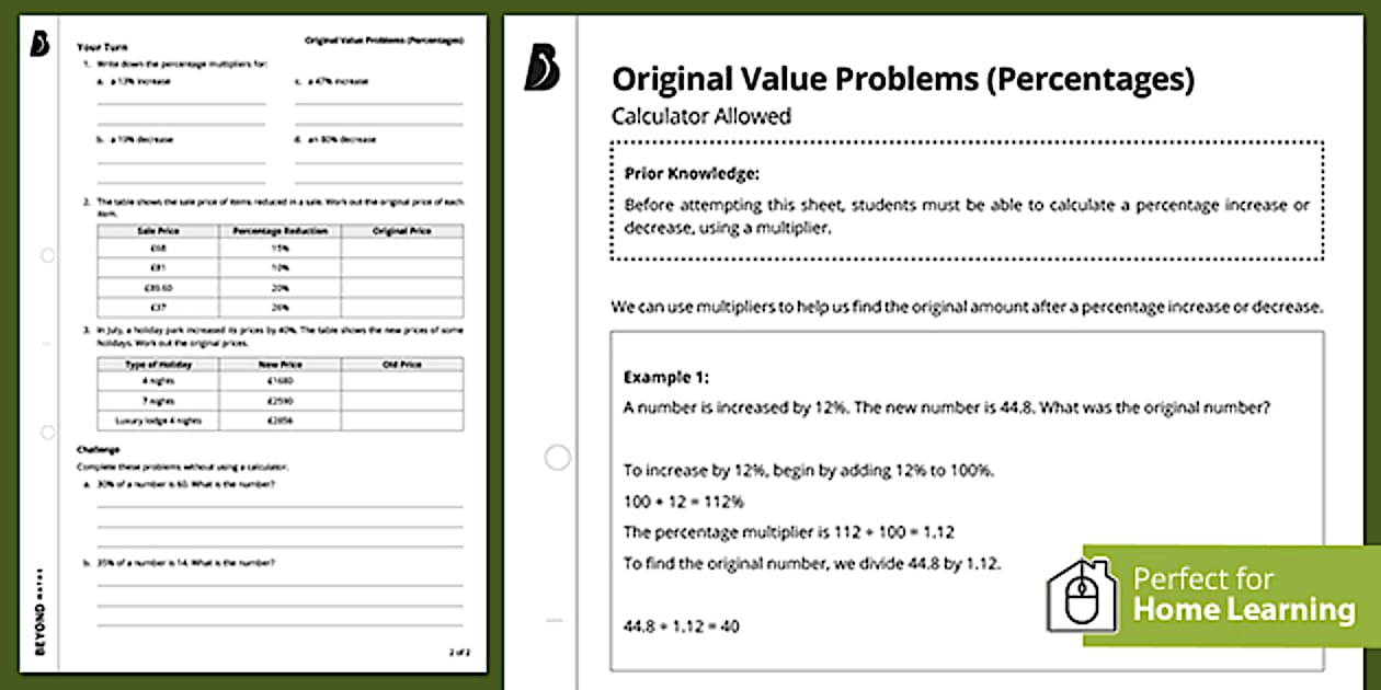 👉 Percentages Original Value Worksheet | KS3 Maths | Beyond