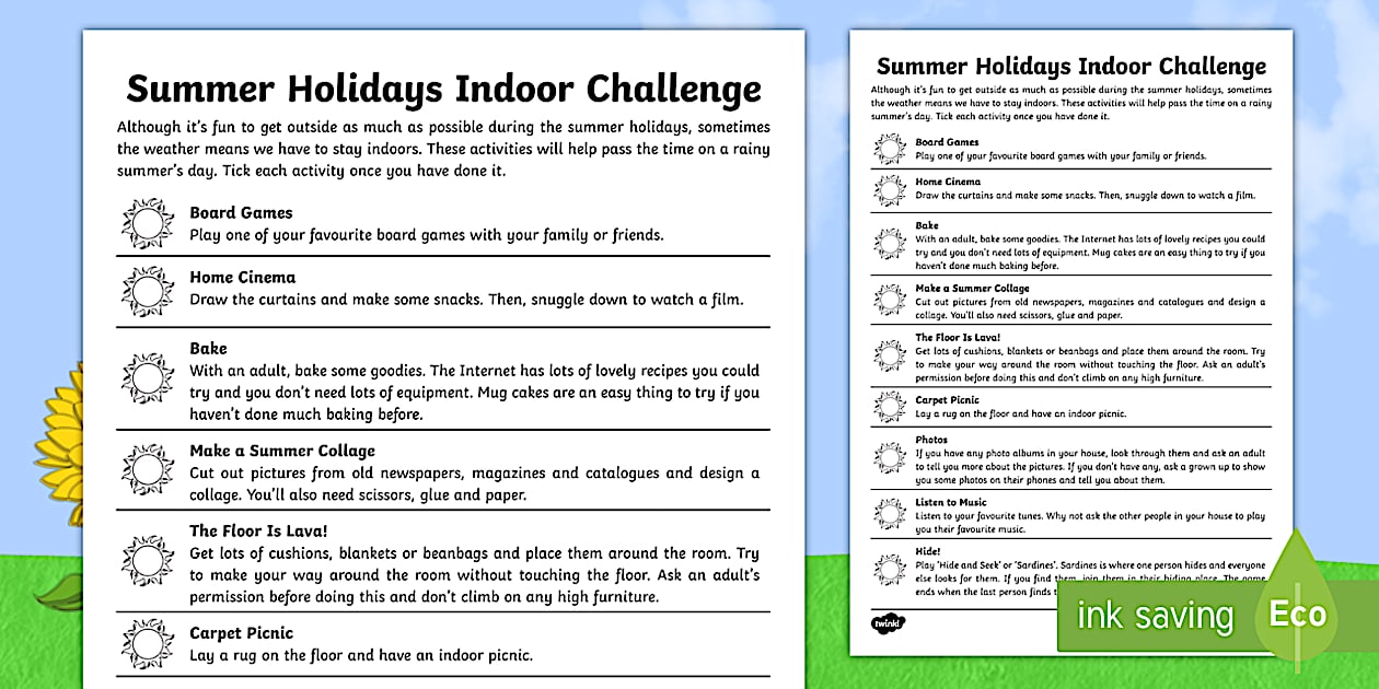 Summer Holidays Indoor Challenge Activity (teacher made)