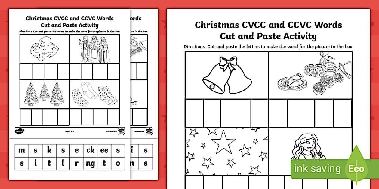 Christmas CVCC and CCVC Words Cut and Paste Activity