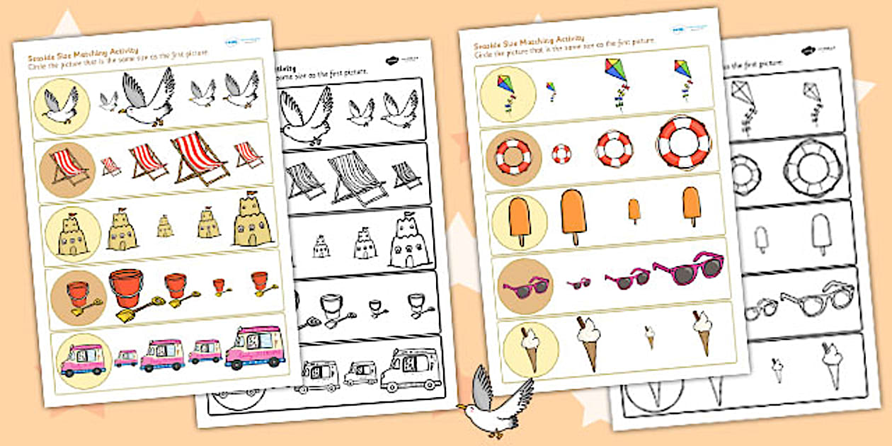 Seaside Themed Differentiated Size Matching Worksheet - sea side
