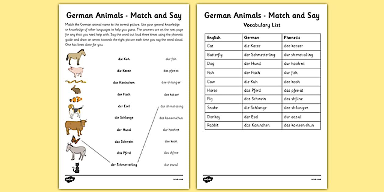 Black and White German Animals Match and Say Worksheet