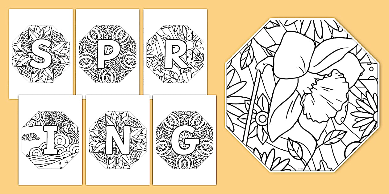 Spring Mindfulness Colouring Octagon Display Shapes - Twinkl