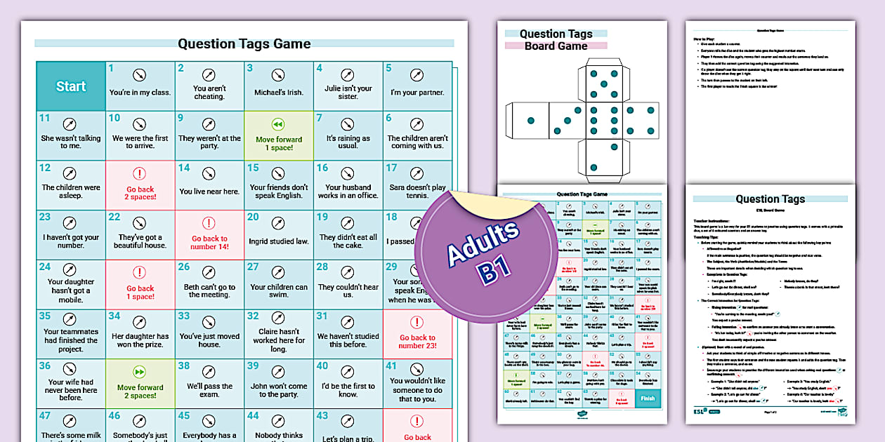Fun ESL Question Tags Board Game for B1 Adults - Twinkl