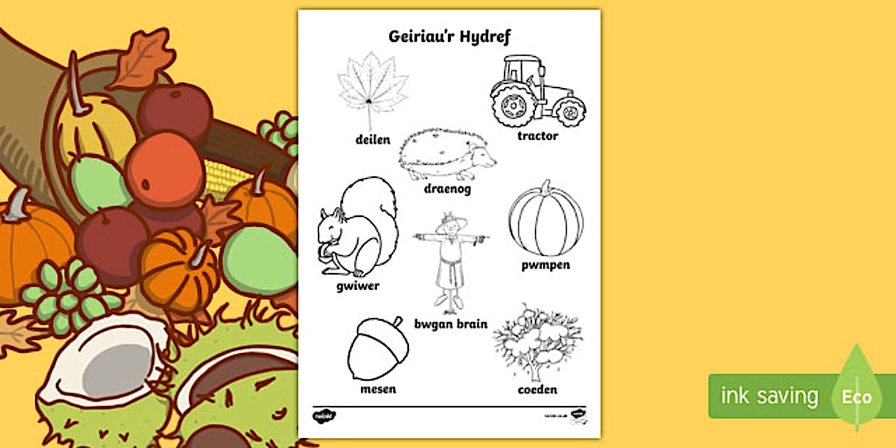 Yr Hydref a'r Cynhaeaf Taflen Lliwio Geiriau (teacher made)