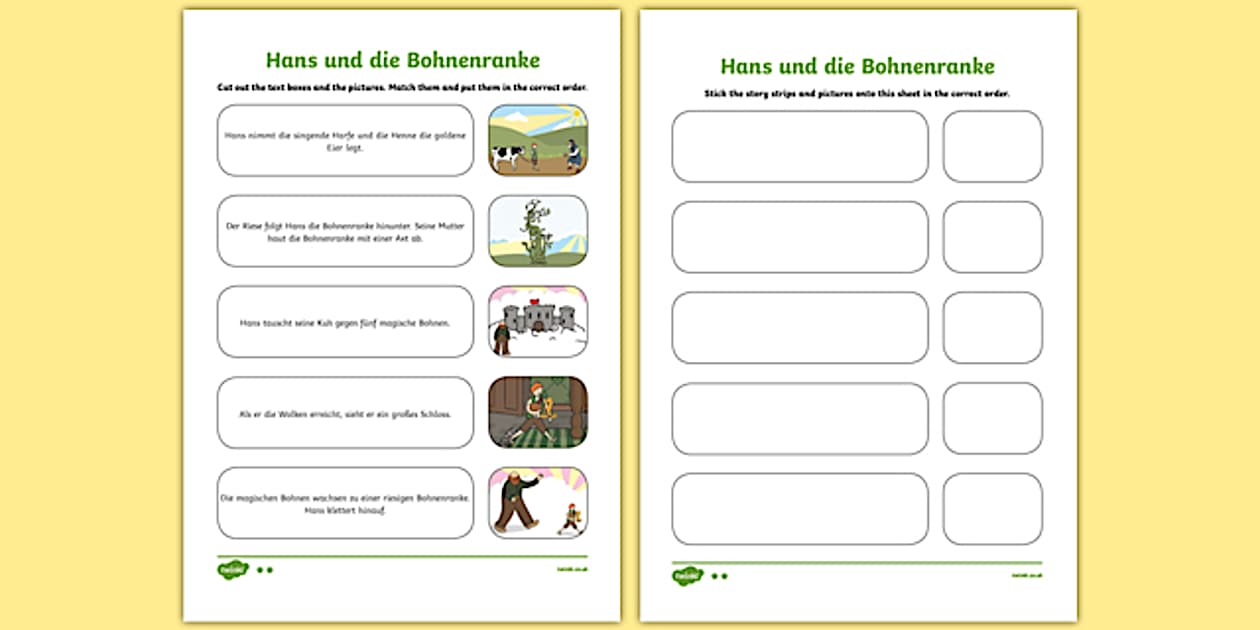 Lower Ability Jack and the Beanstalk Sequencing German Worksheet Pack
